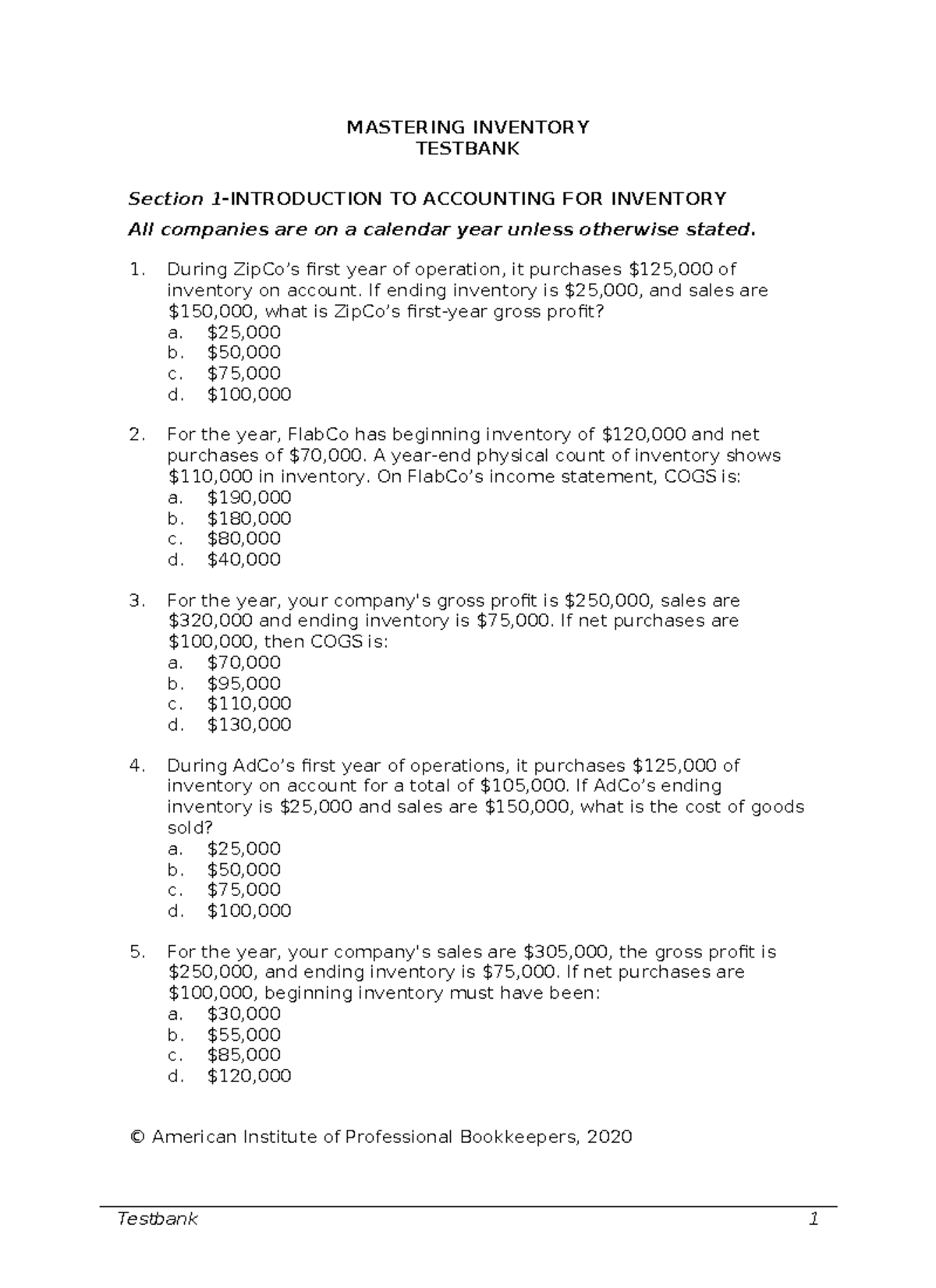 Mastering Inventory Practice Test - TESTBANK Section 1 INTRODUCTION TO ...