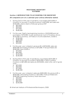 Mastering Inventory Answer Sheet - ACC 227 - Section 1 1. B 2. C 3. A 4 ...