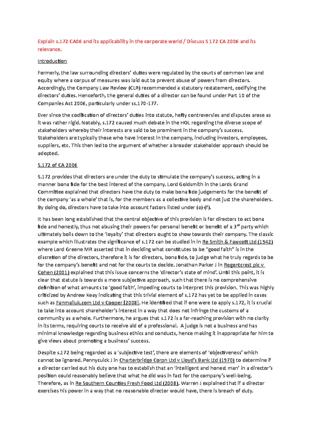 Company Law - S.172 - Explain s CA06 and its applicability in the ...