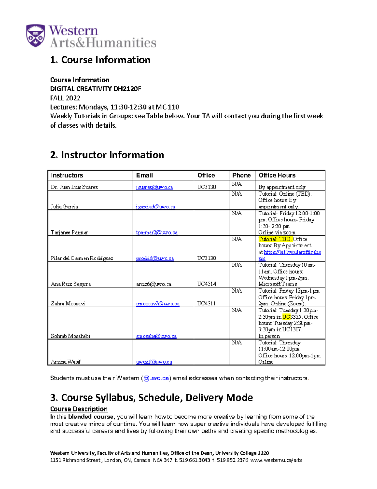 Course Outline Digital Creativity 2120F 2022 - Western University ...