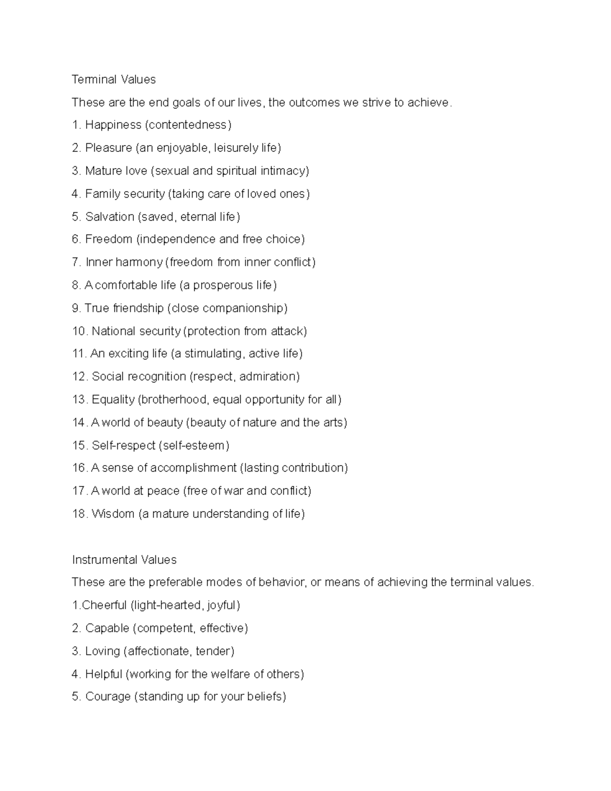 Terminal Values - classwork - Terminal Values These are the end goals ...