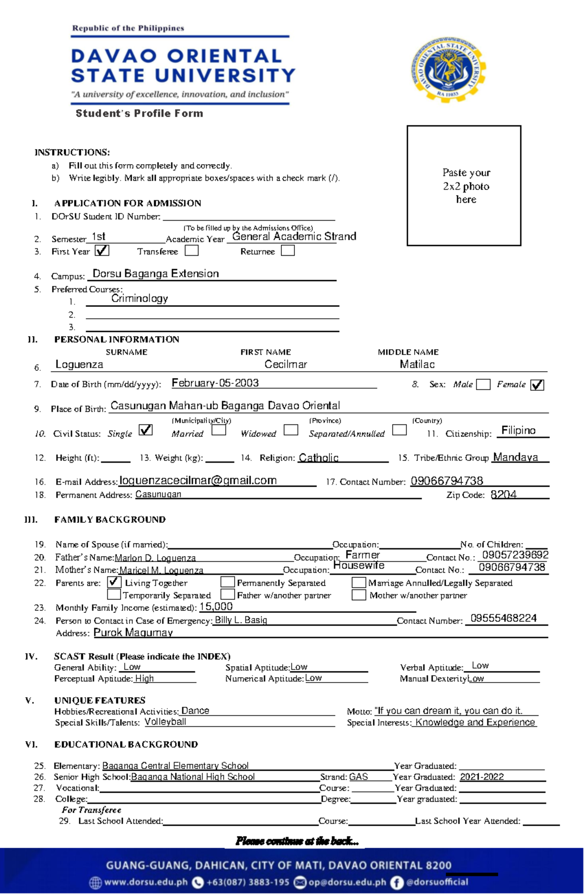 Marcronvel - Biology notes - Student’s Profile Form INSTRUCTIONS: a ...