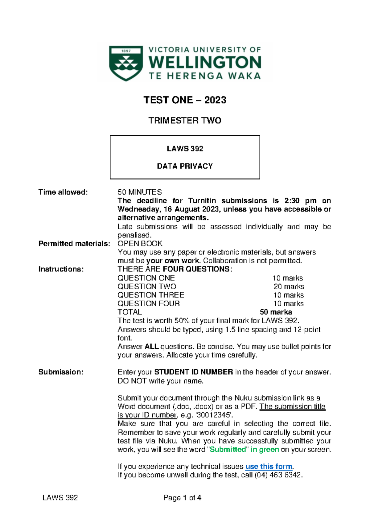 20230816 Data Privacy midterm test v3 - TEST ONE – 2023 TRIMESTER TWO ...