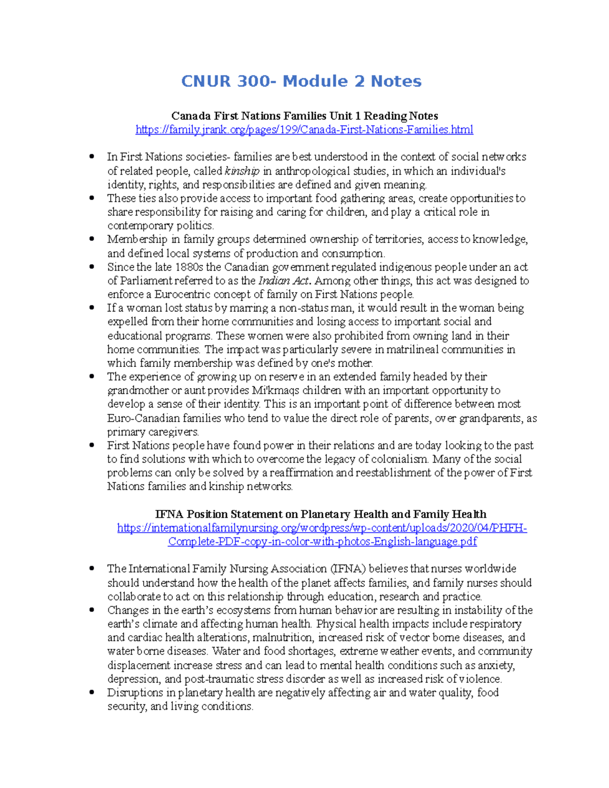 CNUR 300 Module 2 notes - CNUR 300- Module 2 Notes Canada First Nations ...