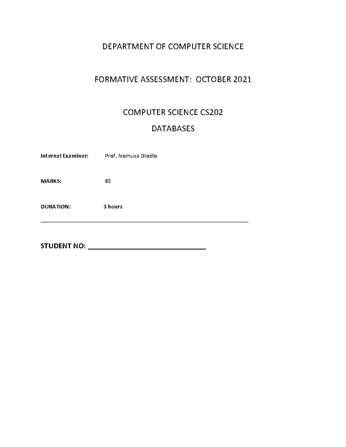 Cs 202 Databases Test Data Base Practical Department Of Computer Science Formative