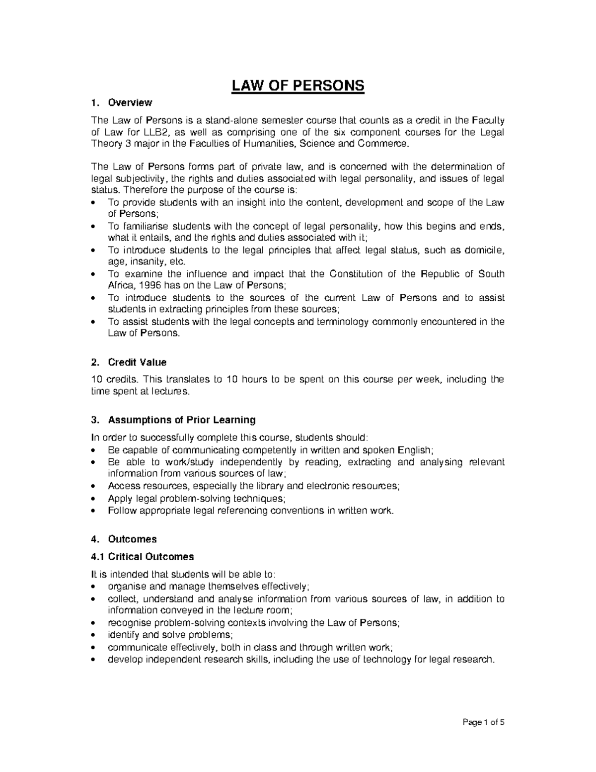 Law of Persons - Extra work - LAW OF PERSONS 1. Overview The Law of ...
