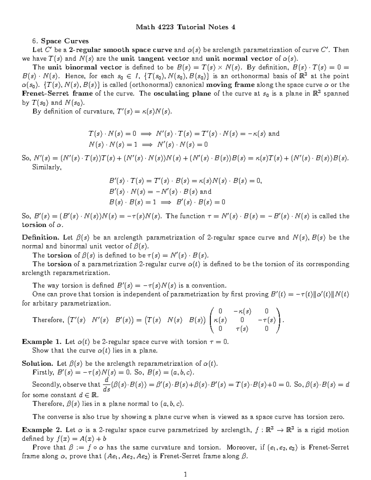 Math 4223 Tutorial Notes 4 - Math 4223 Tutorial Notes 4 6. Space Curves ...