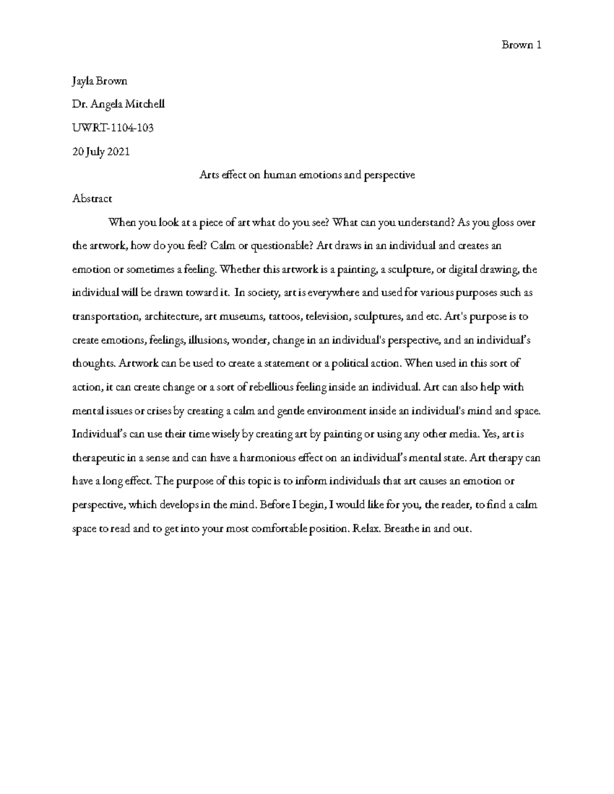 Abstract and Annotated Bibliography - Jayla Brown Dr. Angela Mitchell ...
