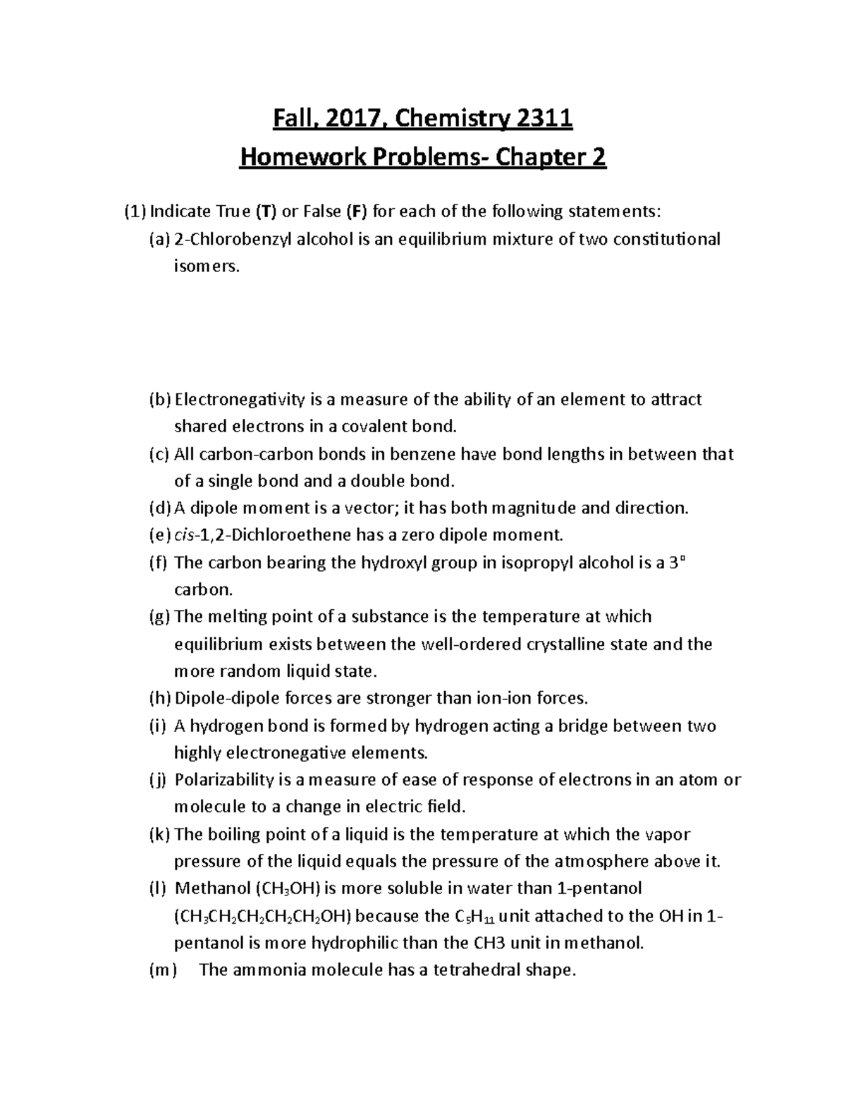 Homework Chapter 2 - Fall, 2017, Chemistry 2311 Homework Problems ...