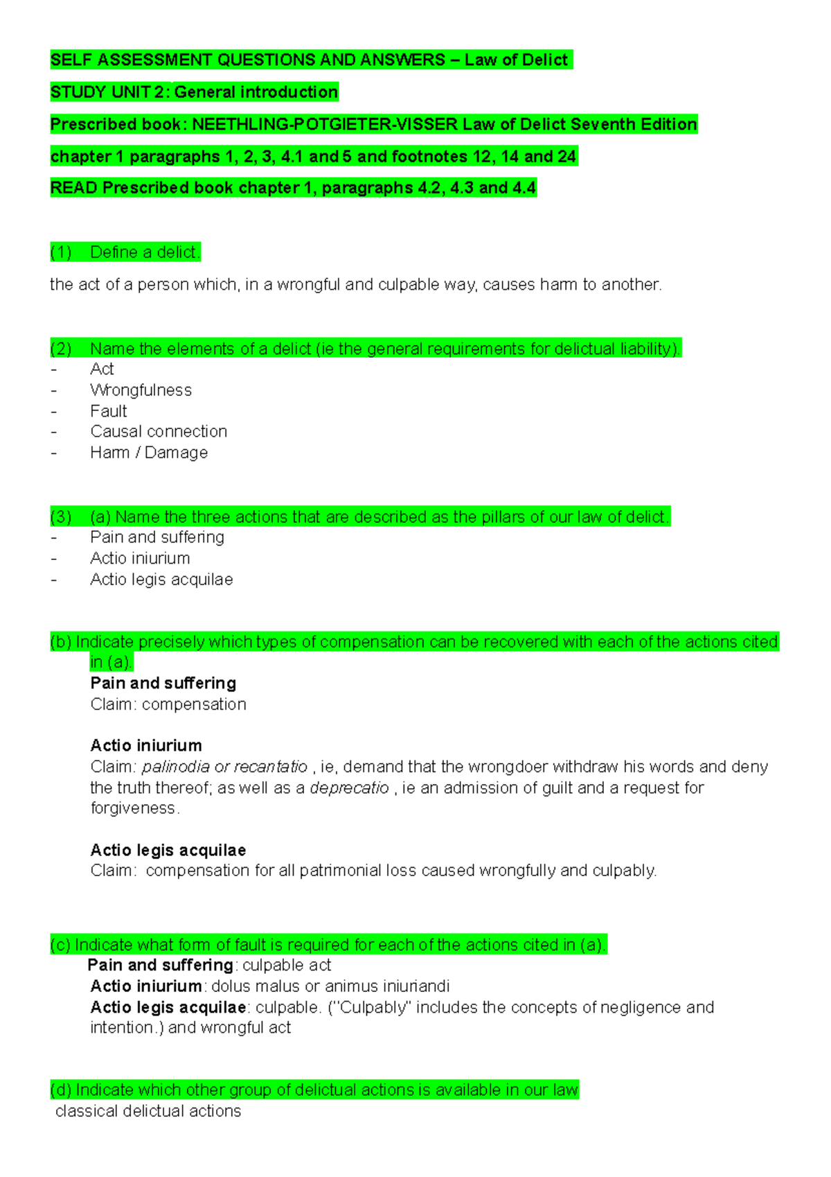 Law of delict 2020 - Answers to activities from beginning to end of the ...