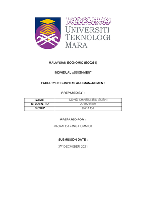 Individual assignment ECO261 - FACULTY BUSSINESS AND MANAGEMENT ECO 261 ...