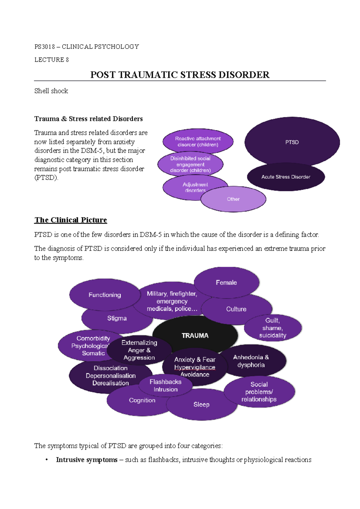 PS3018 Lecture 8 - PTSD - PS3018 – CLINICAL PSYCHOLOGY LECTURE 8 POST ...