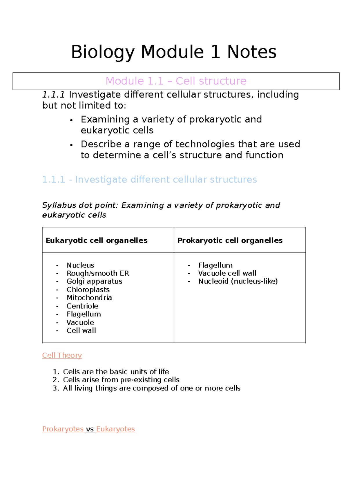 Biology Module 1 Notes - Biology Module 1 Notes 1.1 Investigate ...
