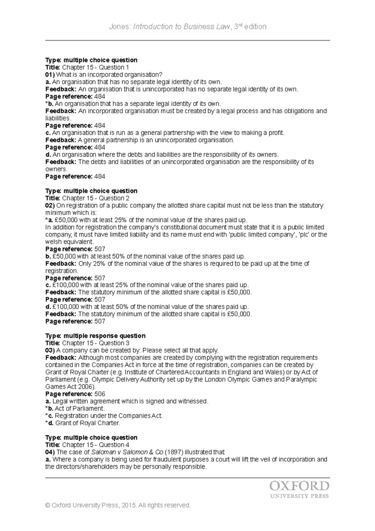 MCQ's answers - lecture notes - Jones: Introduction to Business Law ...