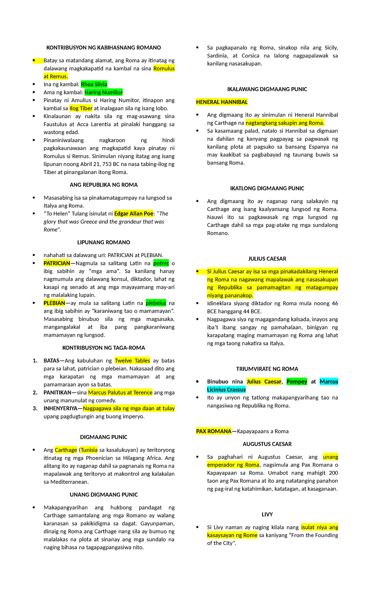 WEEK 2 Handouts - aaa - KONTRIBUSYON NG KABIHASNANG ROMANO Batay sa ...
