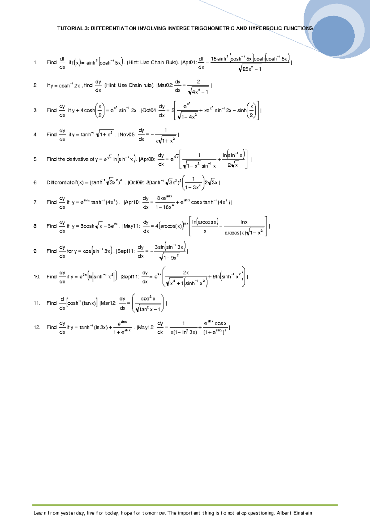 Tutorial 3 DIFF Involving Inverse Trigo AND Hyperbolic Functions ...