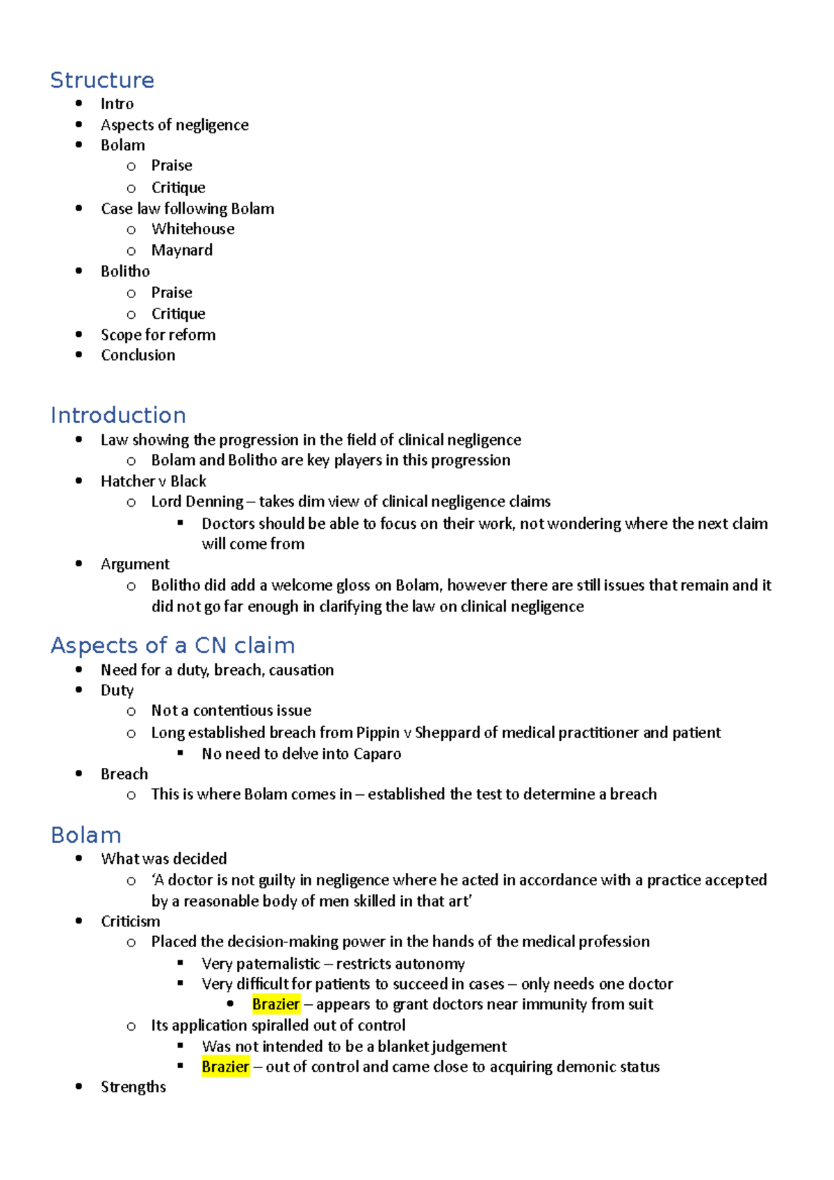 Bolam essay plan - LAW-6016B - UEA - Studocu