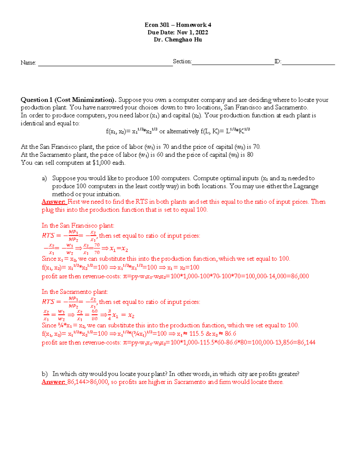 Homework 4 Key - Answer key - Econ 301 – Homework 4 Due Date: Nov 1, 2022 Dr. Chenghao Hu Name ...