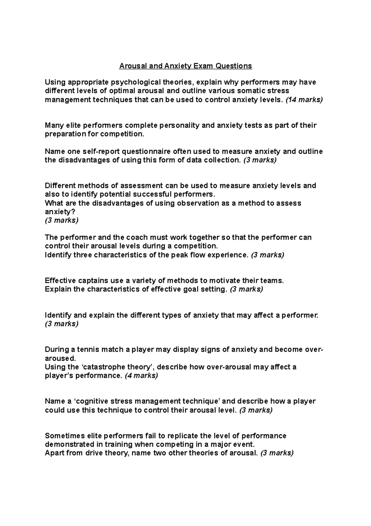 Arousal and anxiety exam questions - Arousal and Anxiety Exam Questions ...
