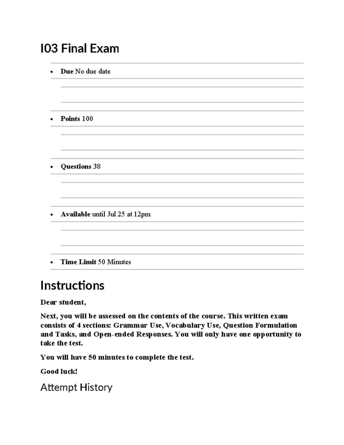 Adv 3 exam final - Icpna - I03 Final Exam Due No due date Points 100 ...