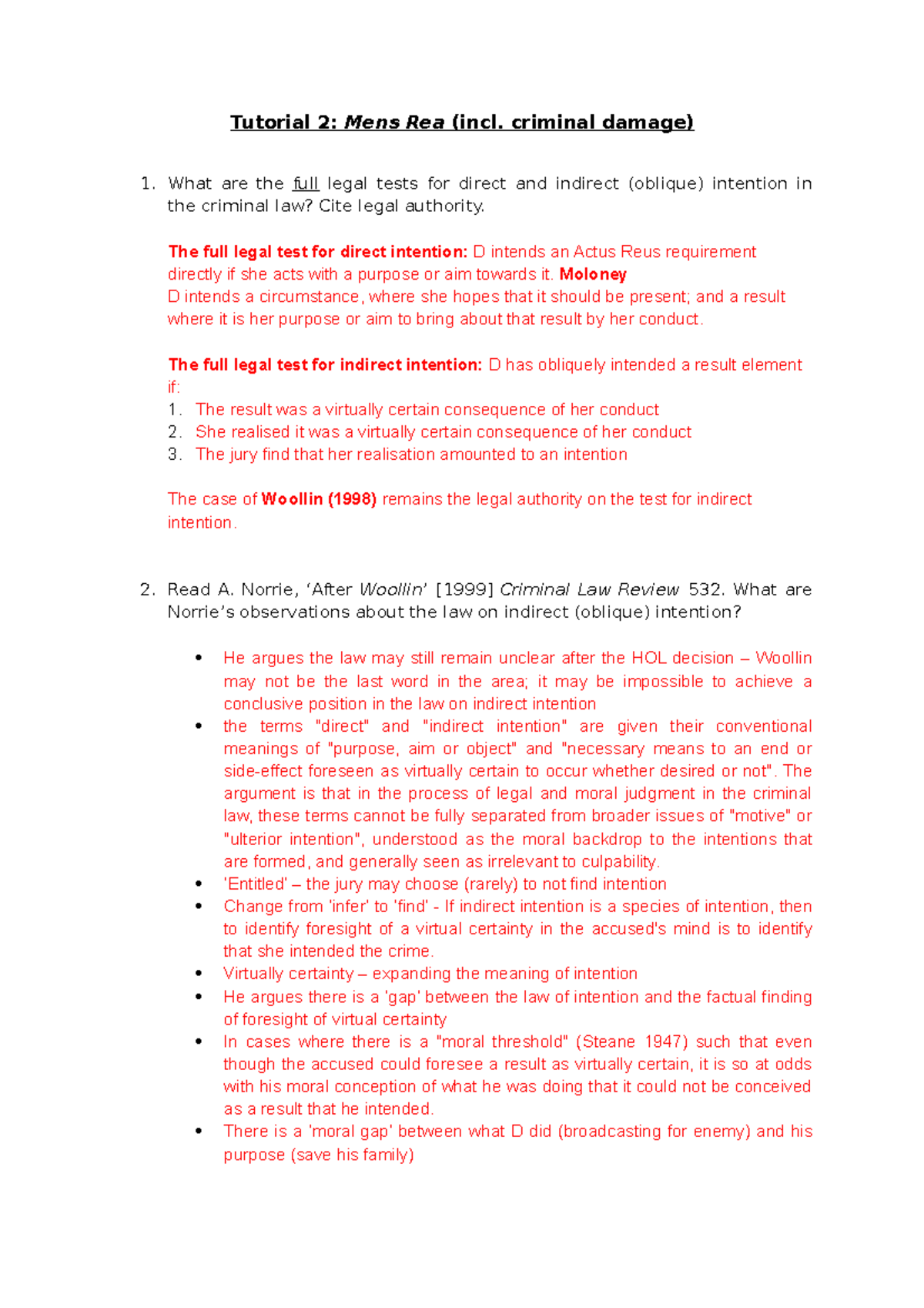 Tutorial 2 - Consideration and Promissery Estoppel - Tutorial 2: Mens Rea (incl. criminal damage ...