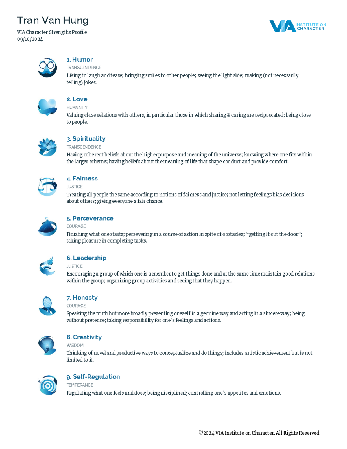 Strengths Profile-Tran Van-Hung - Tran Van Hung VIA Character Strengths Profile 09/10/ ©2024 VIA ...