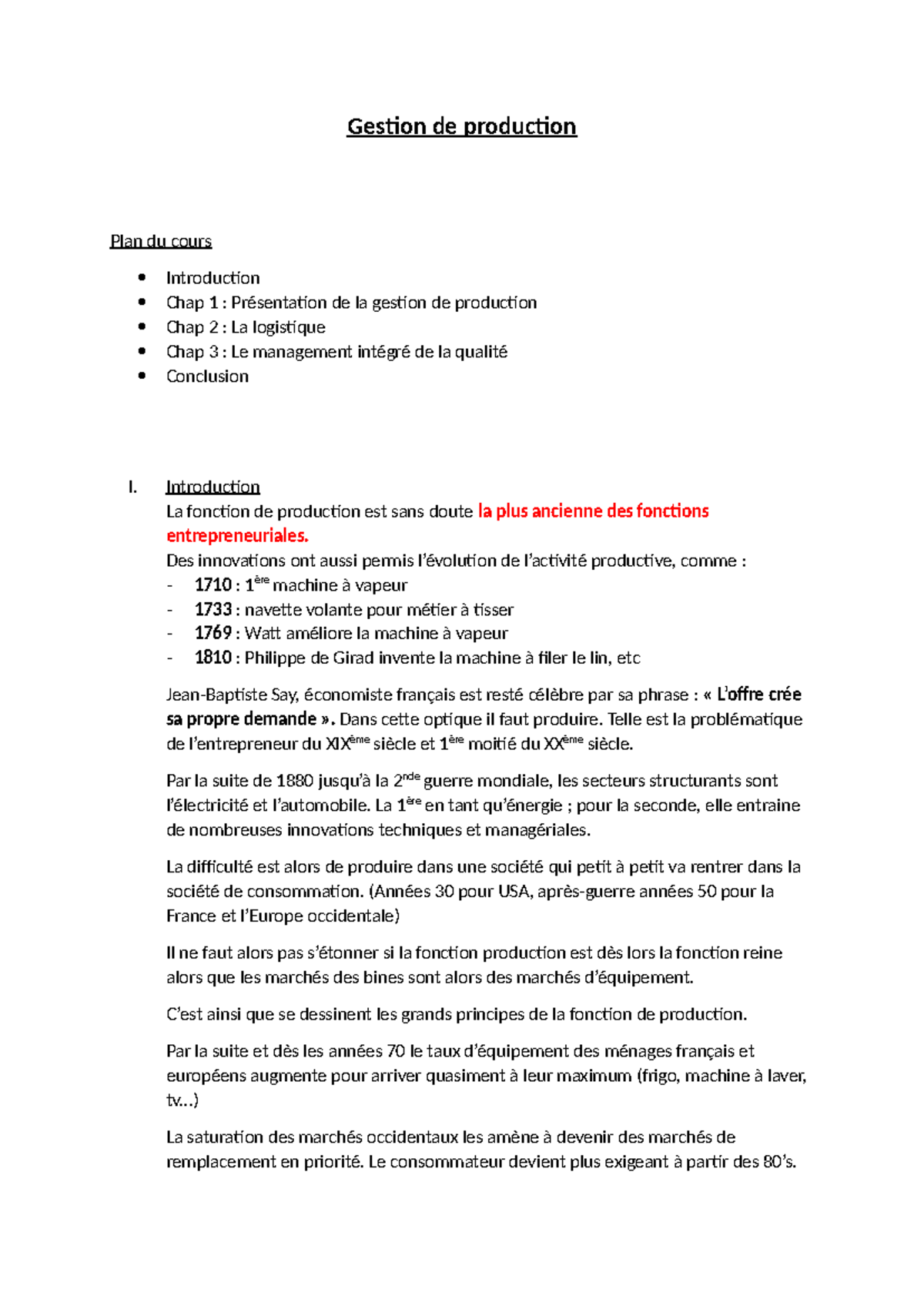 Gestion de production - Gestion de production Plan du cours Introduction Chap 1 : Présentation ...