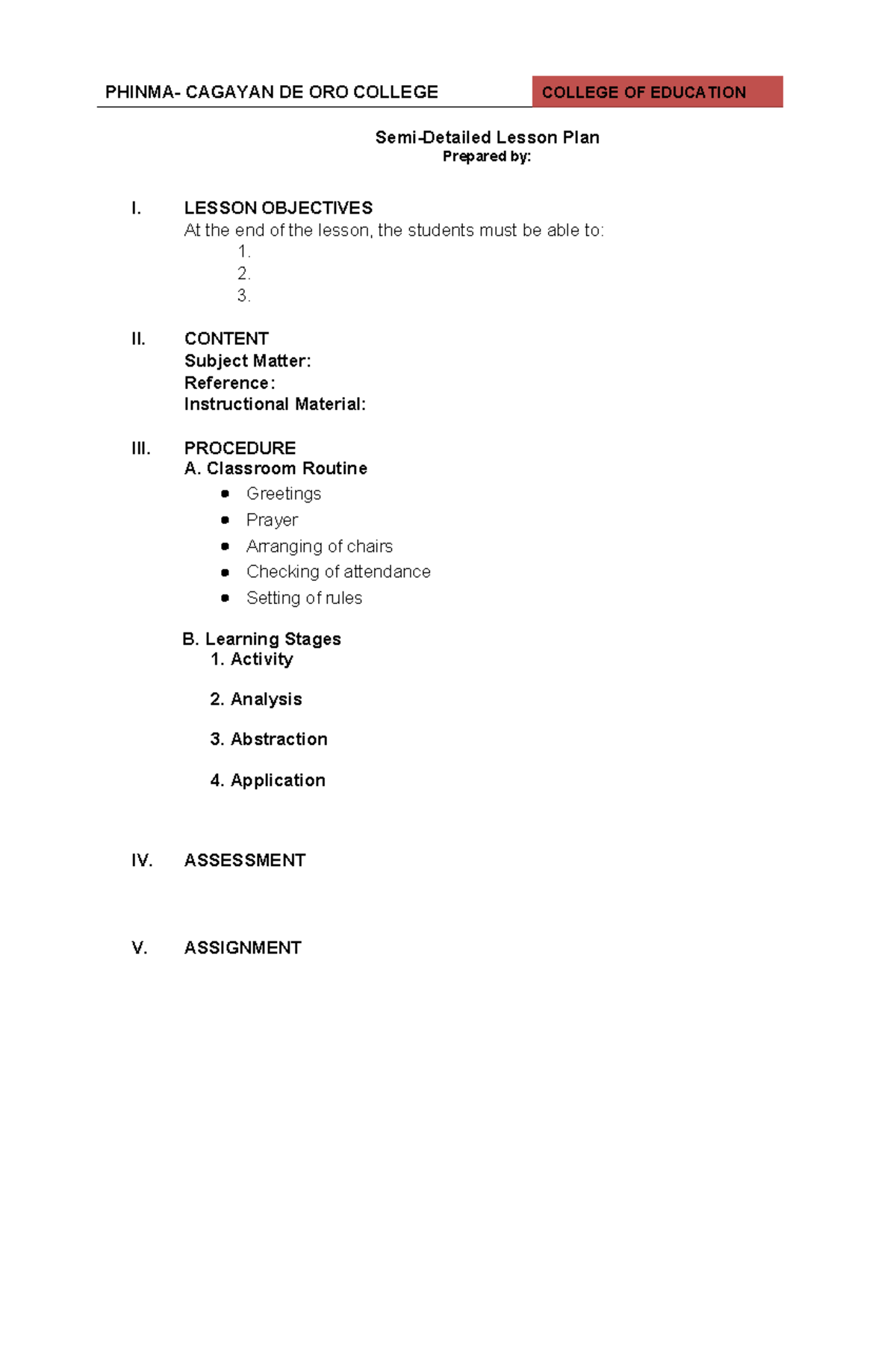 4 As Lesson Plan Template - PHINMA- CAGAYAN DE ORO COLLEGE COLLEGE OF ...