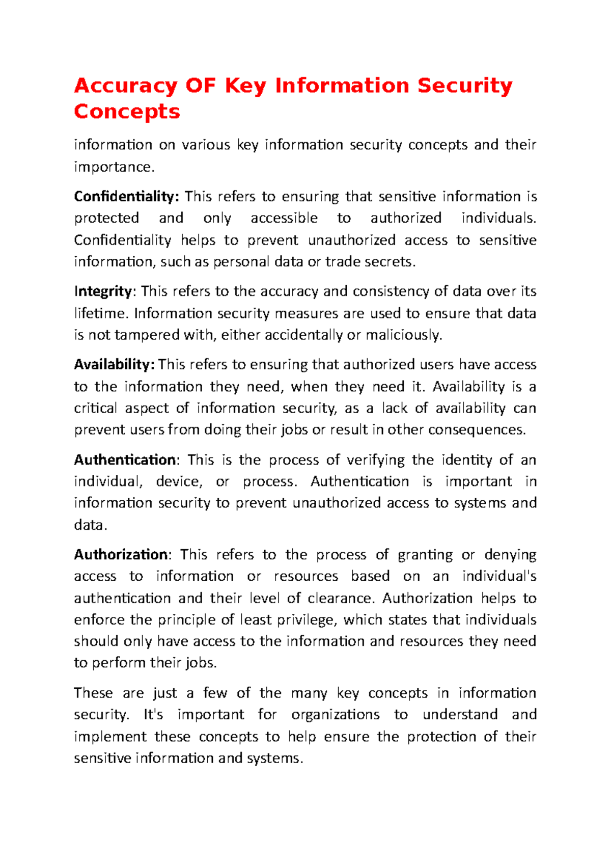 Accuracy Of Key Information Security Concepts Accuracy Of Key Information Security Concepts