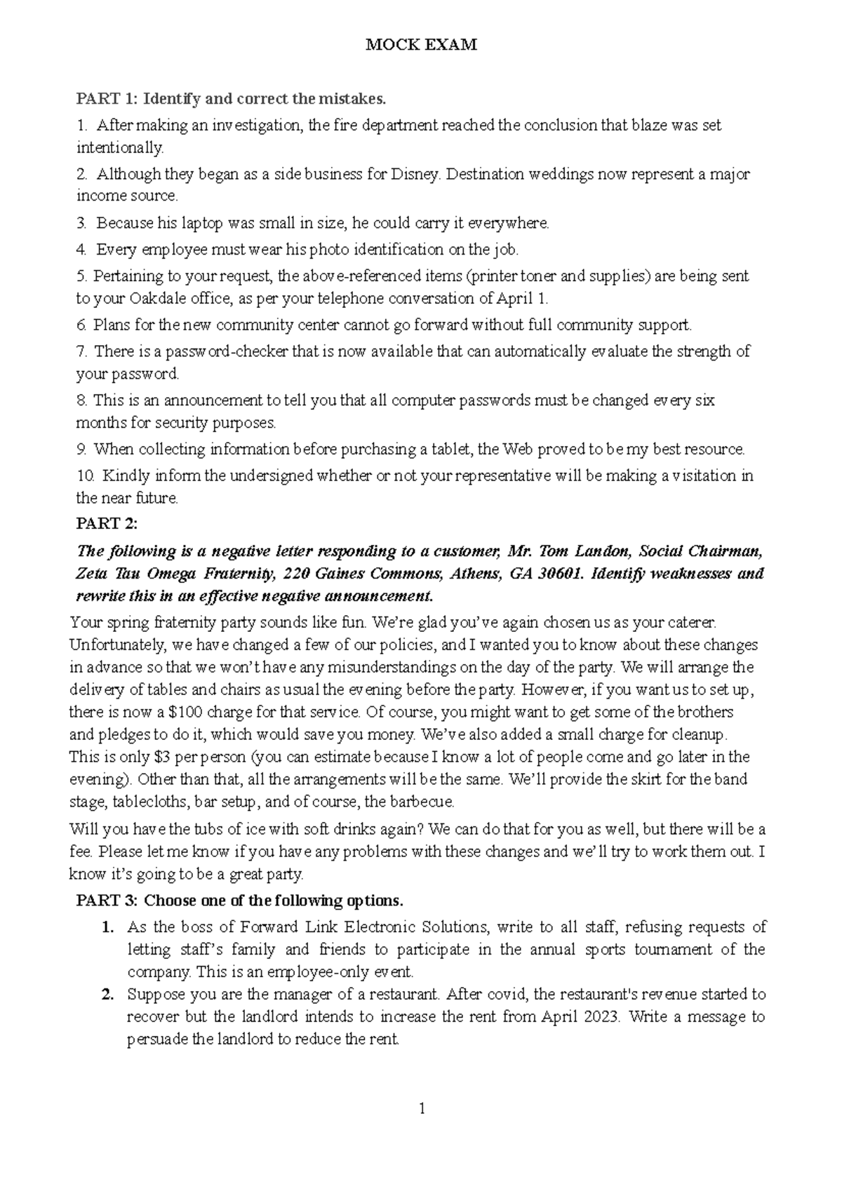 Mock exam for review - MOCK EXAM PART 1: Identify and correct the ...