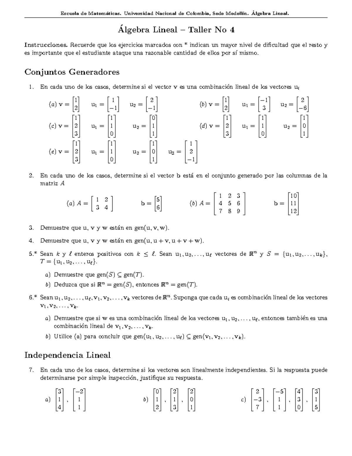 Taller 4 - Algebra lineal - ́ Algebra Lineal – Taller No 4 ...