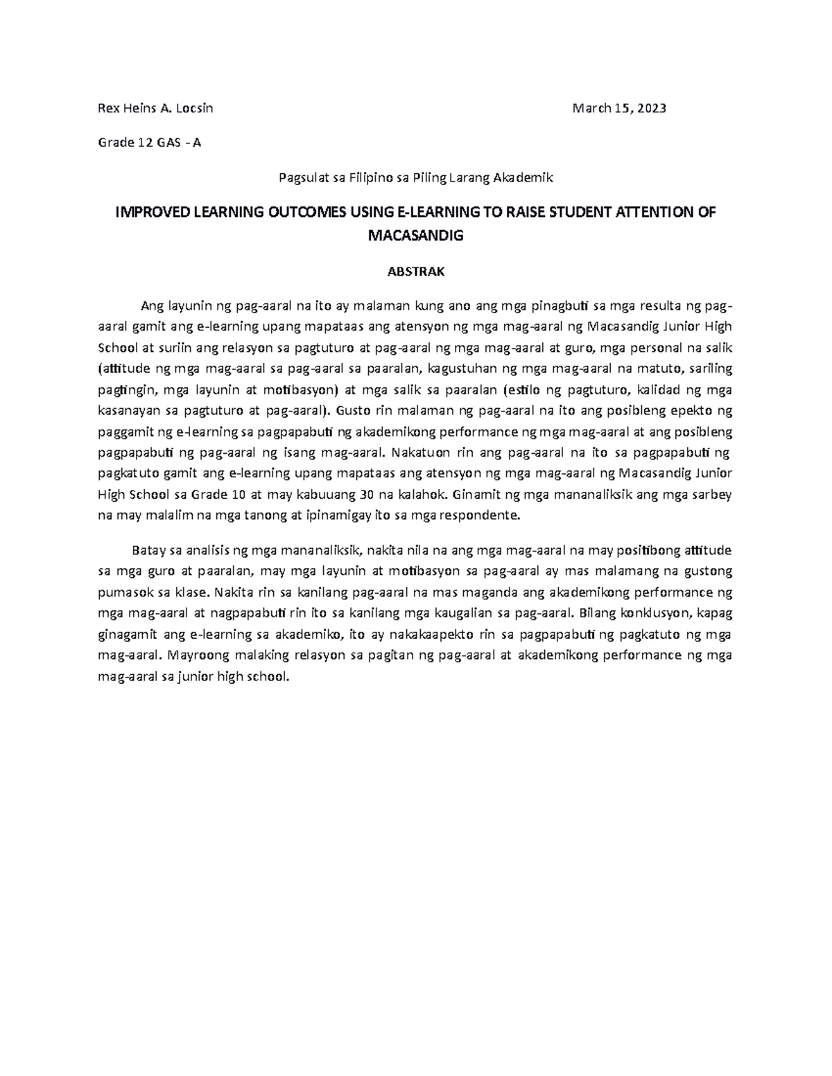 Locsin - For notes only - Rex Heins A. Locsin March 15, 2023 Grade 12 ...