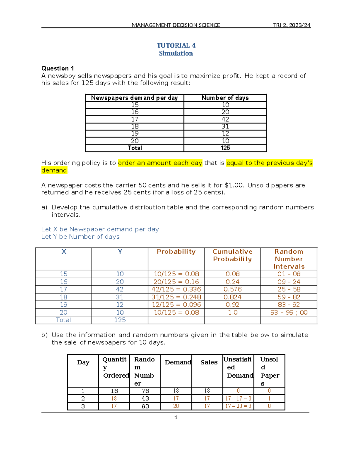 Tutorial 4 - Simulation topic - TUTORIAL 4 Simulation Question 1 A ...