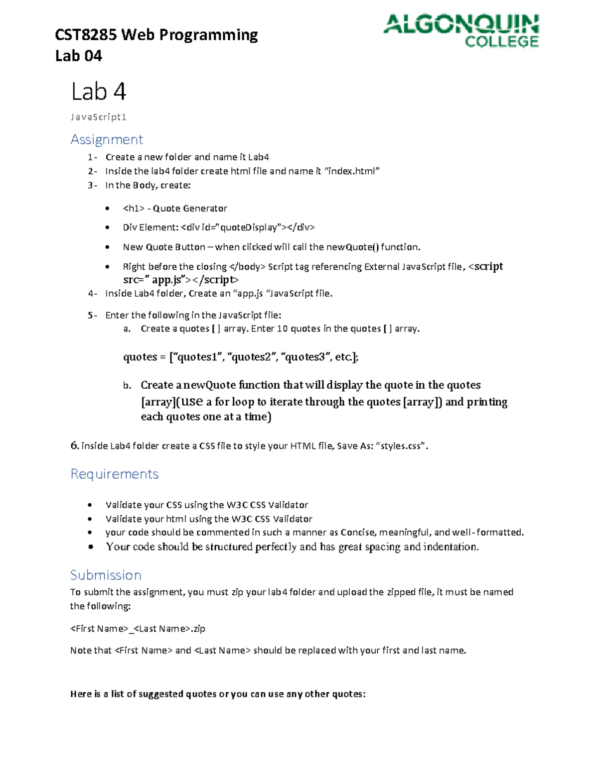 CST8285-Lab 04 - good very good - Lab 4 JavaScript Assignment 1- Create a new folder and name it ...