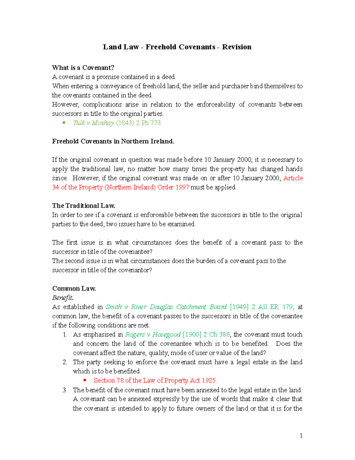 Freehold Convenants Revision Final - Land Law Freehold Covenants ...