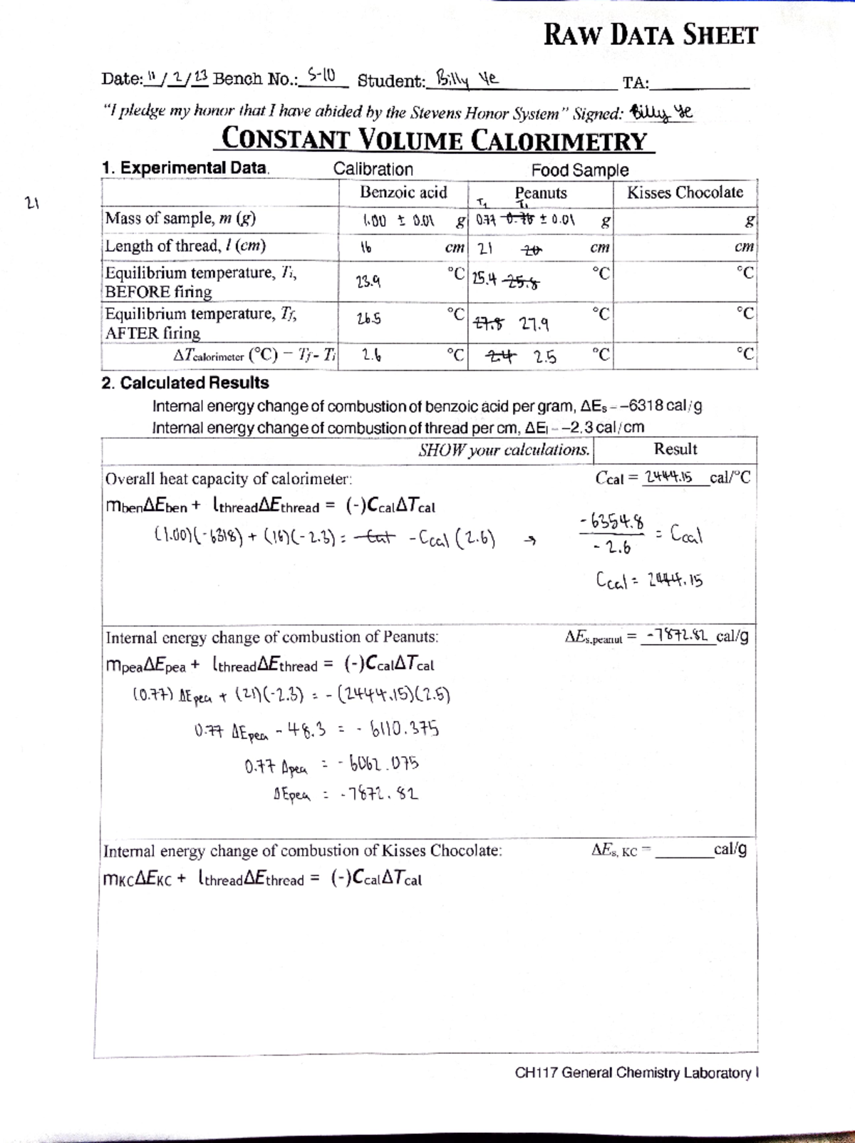 Adobe Scan Nov 09, 2023 - Bomb Calorimeter - Date: 2/13 Bench No.. S ...