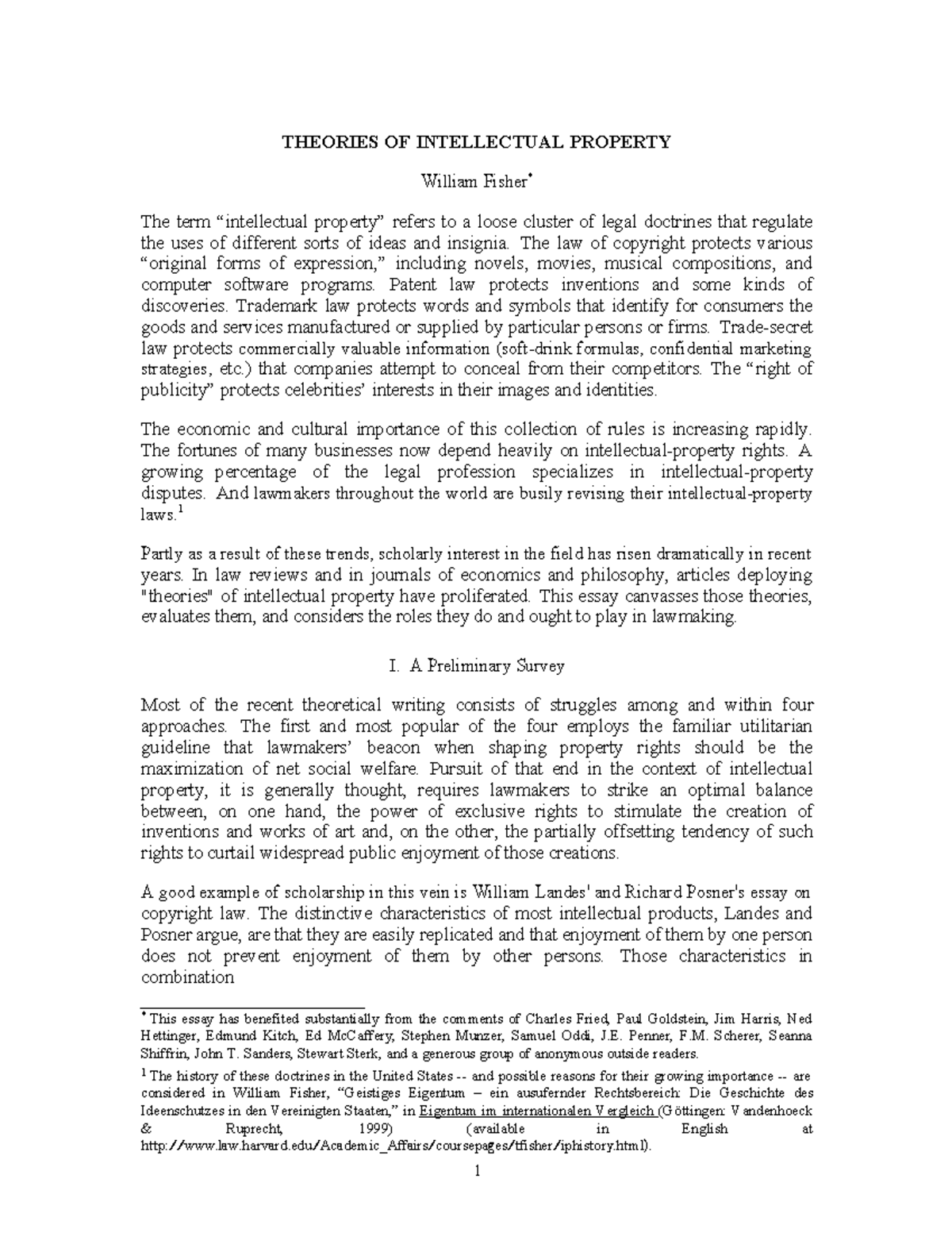 Theories OF Intellectual Property Fisher (Harvard) - THEORIES OF ...
