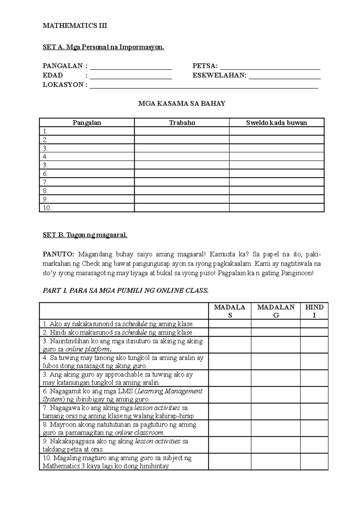 Rating Scale for the Pupils Mathematics 5 - MATHEMATICS III SET A. Mga ...