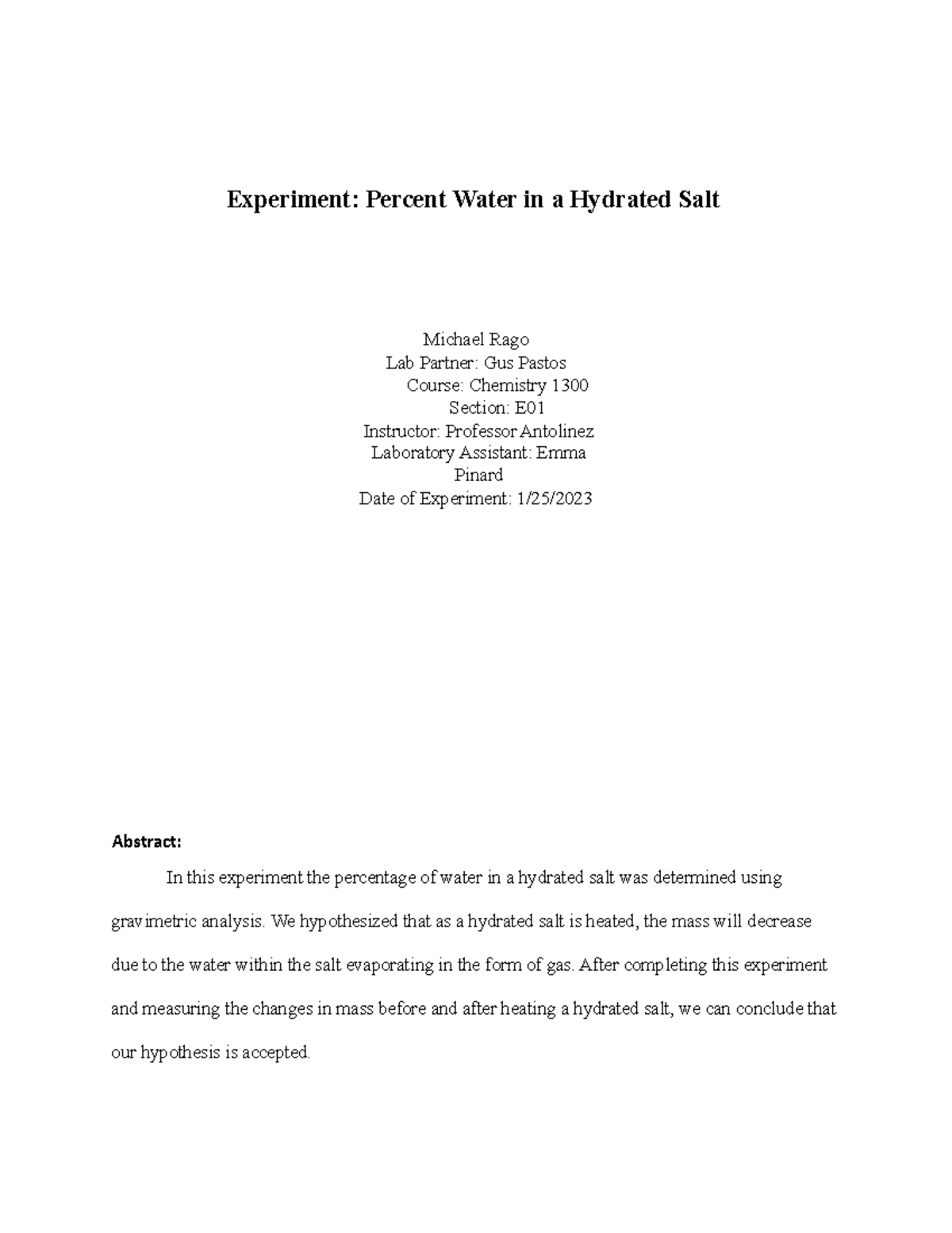 Lab 5 Percent Water in a Hydrated Salt Report - Experiment: Percent ...