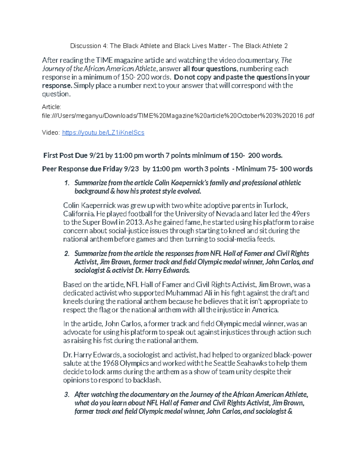 Discussion 4 The Black Athlete and Black Lives Matter - The Black ...