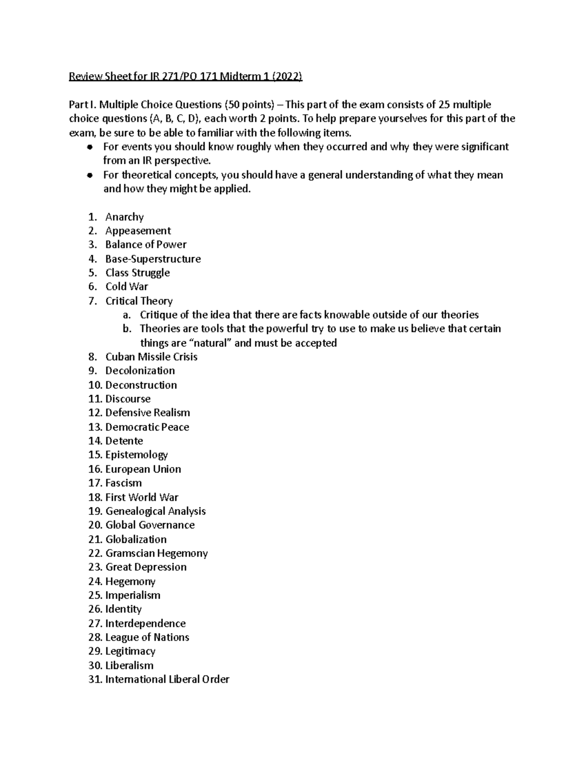 Copy of Intro to IR 271- Review Sheet - Quiz 1 - Review Sheet for IR ...