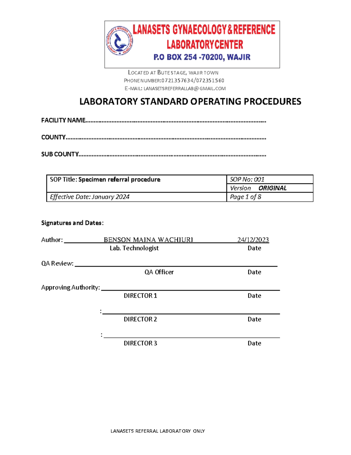 Specimen Referral SOP -001 - LOCATED AT BUTE STAGE, WAJIR TOWN PHONE ...