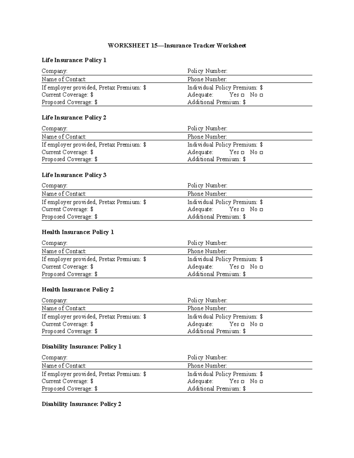 Worksheet 15 - homework - WORKSHEET 15—Insurance Tracker Worksheet Life ...