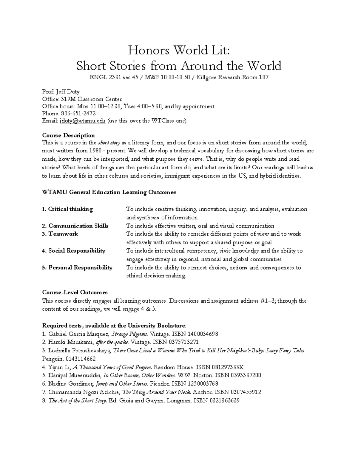 Syllabus ENGL 2331 - N/A - Honors World Lit: Short Stories from Around ...