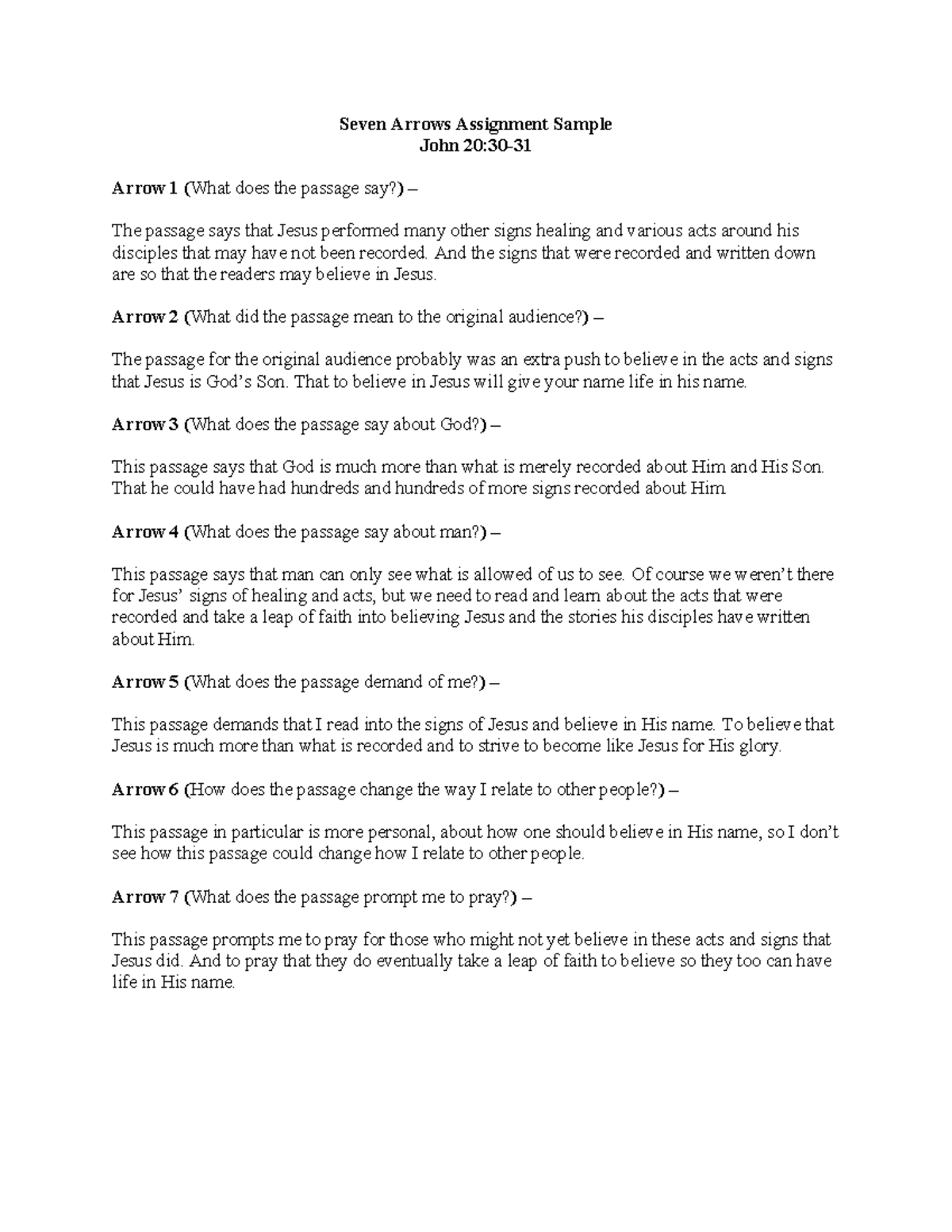 Seven Arrows John 203031 - Seven Arrows Assignment Sample John 20:30 ...