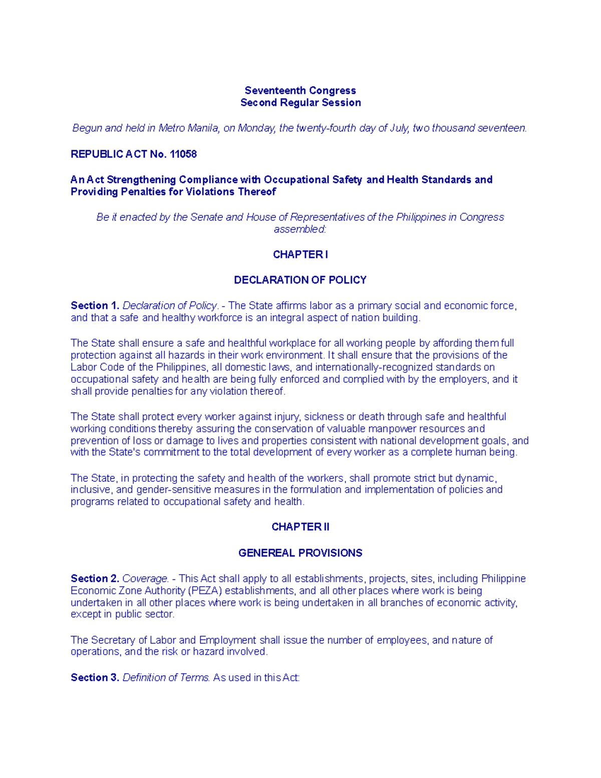 RA 11058 Occupational Safety And Health Law Seventeenth Congress ra-11058-occupational-safety-and-health-law-seventeenth-congress