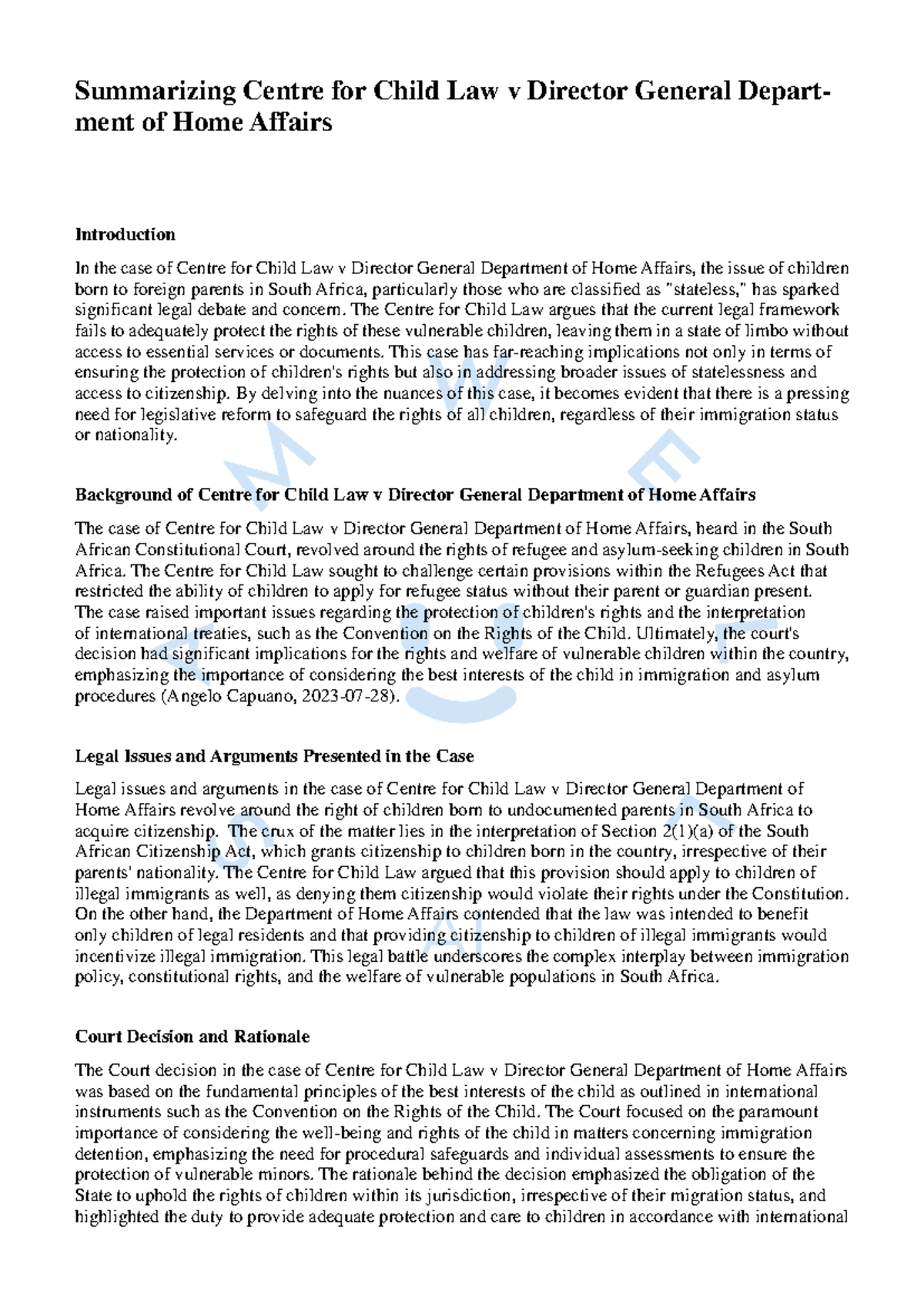 Summarizing Centre for Child Law v Director General Department of Home ...