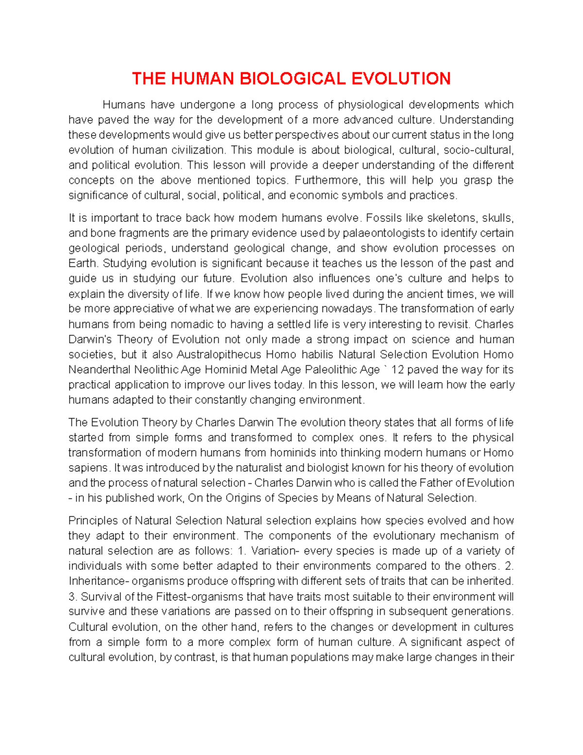 THE Human Biological Evolution - THE HUMAN BIOLOGICAL EVOLUTION Humans ...
