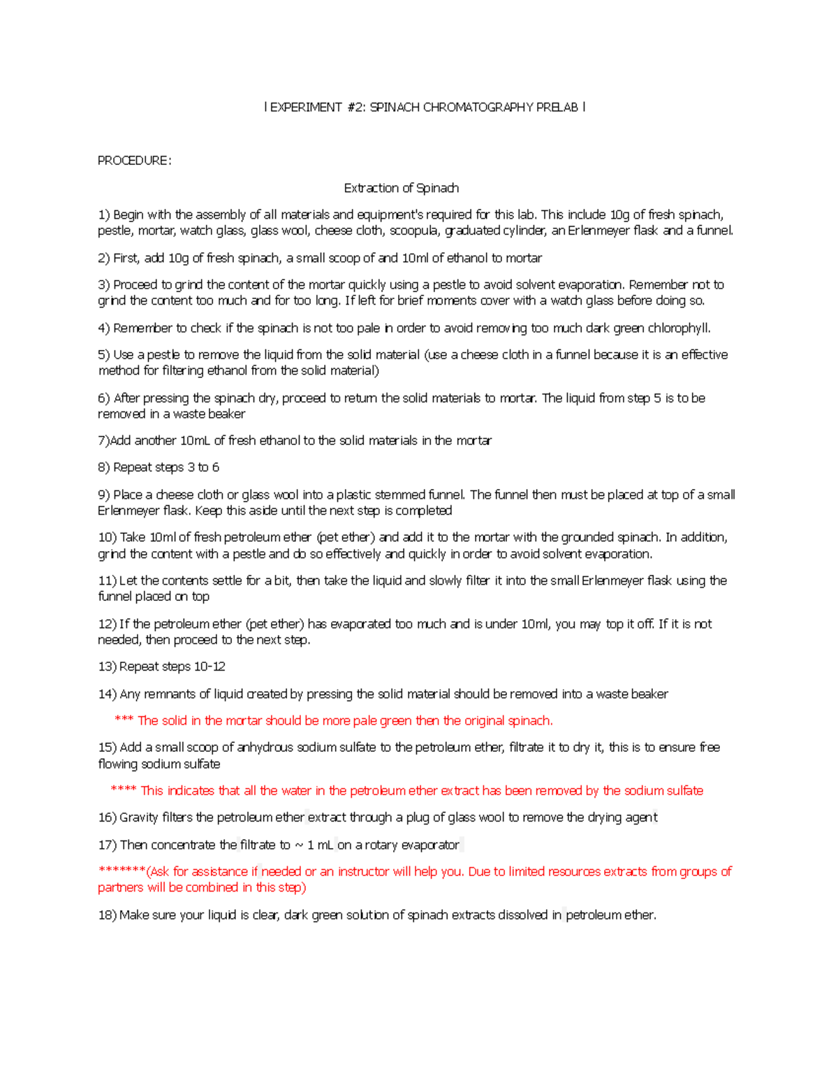 Spinach Chromatography Pre-Lab Lecture - l EXPERIMENT #2: SPINACH CHROMATOGRAPHY PRELAB l ...