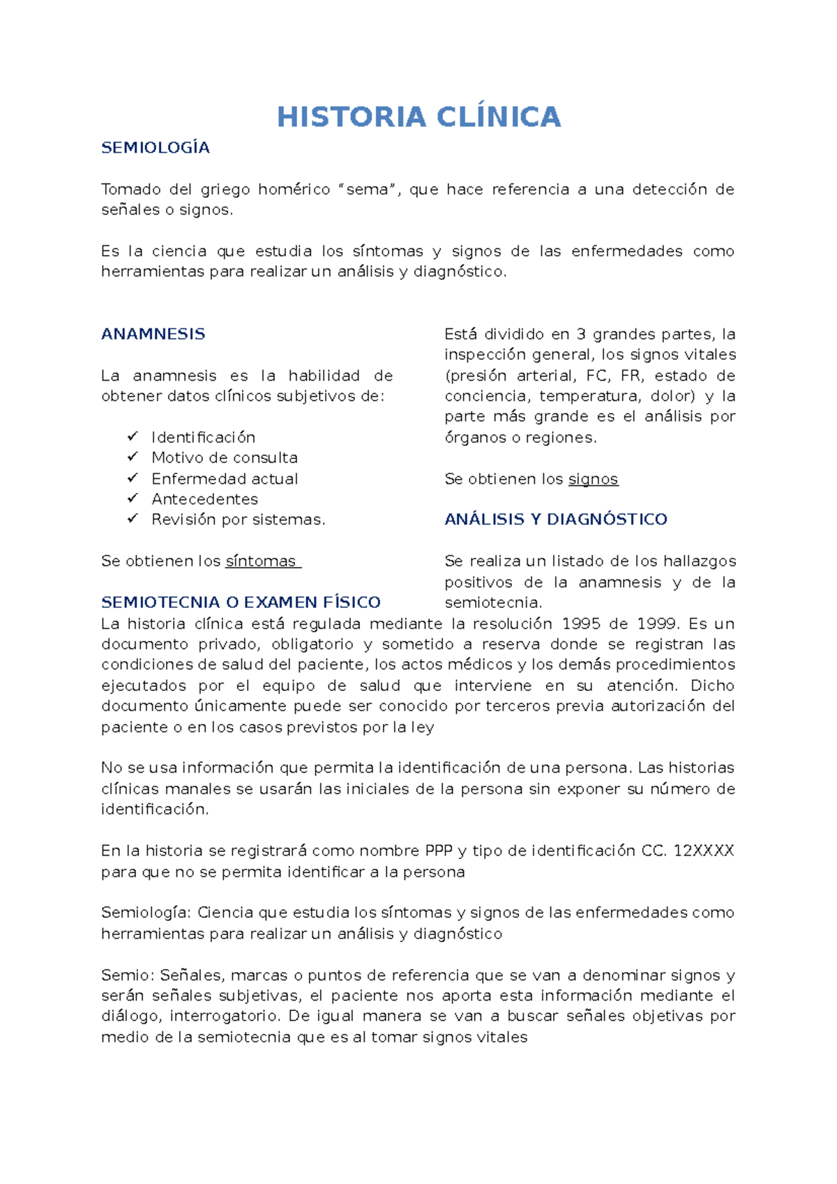 1) Historia clínica - Sanabria - HISTORIA CLÍNICA SEMIOLOGÍA Tomado del ...